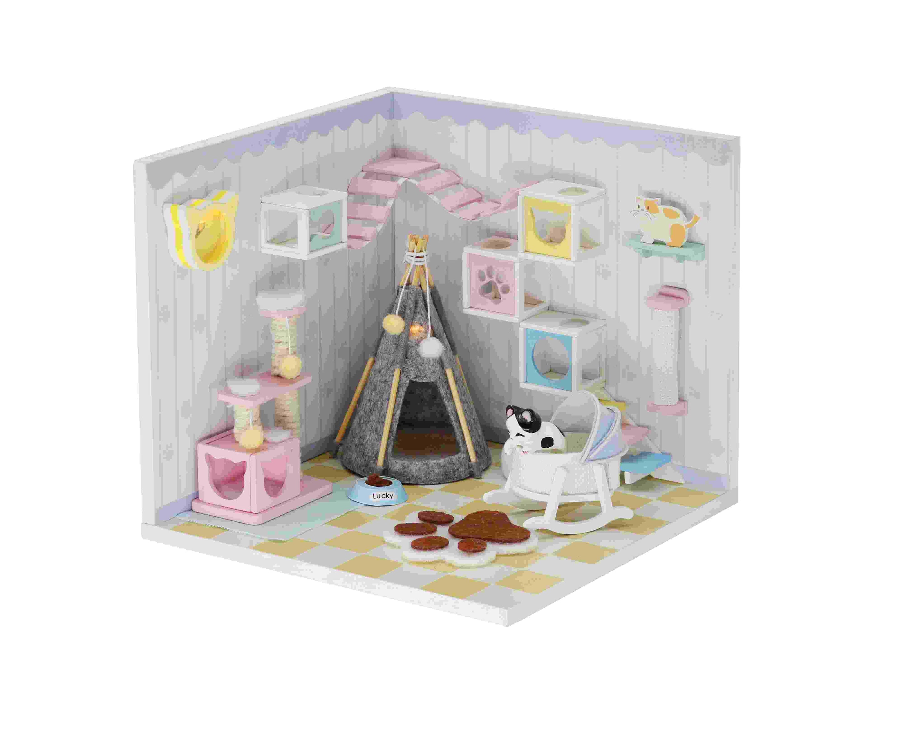 DIY Wooden Miniature "Meow's Home" (S2009) Doll house toy w/ LEDs, Glu ...